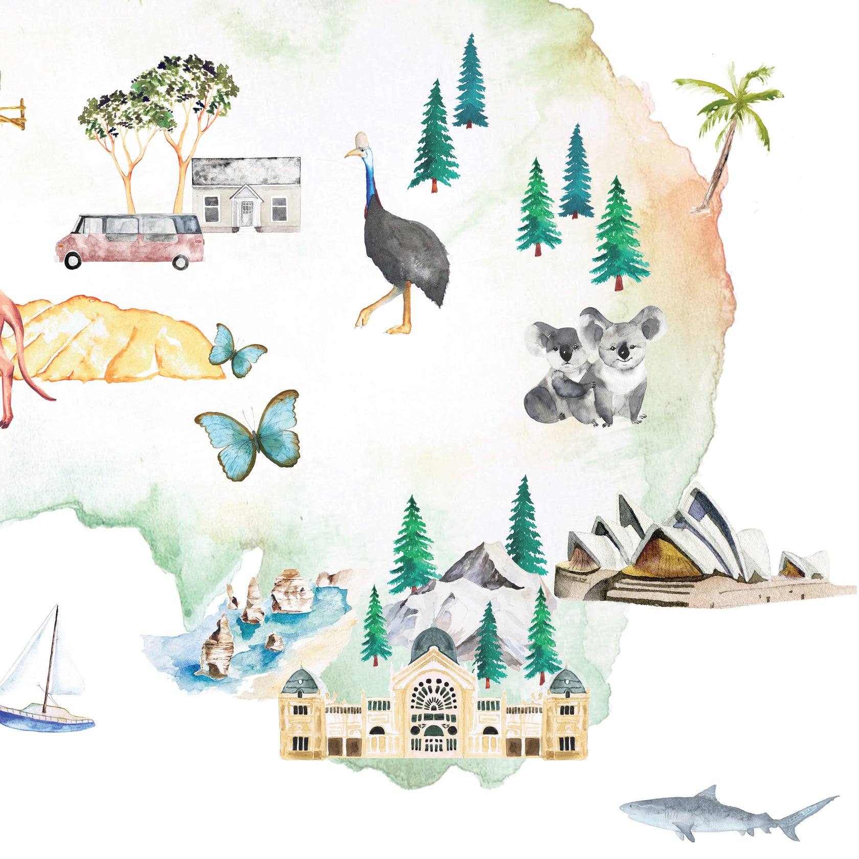 Australia Illustrated Map Art Print | Featuring illustrations of famous ...
